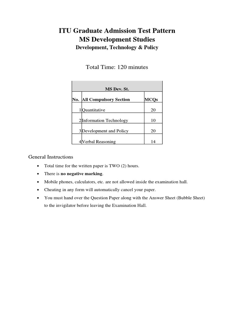 ITU Graduate Admission Test Pattern 2021 MSDevS | PDF