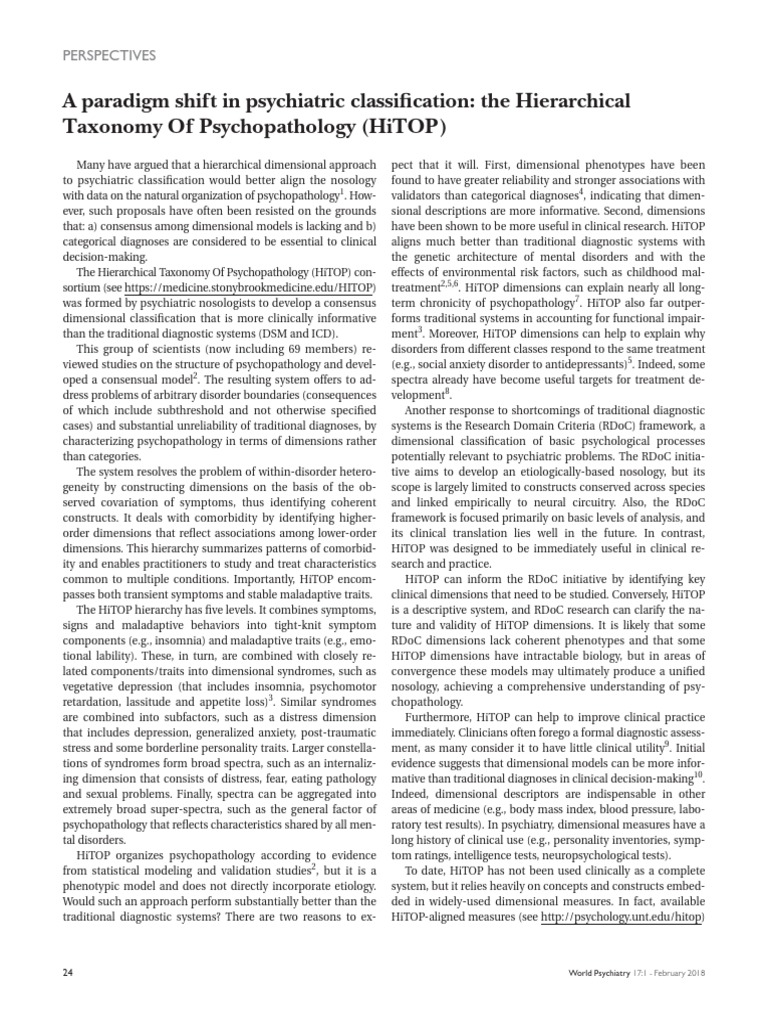 Hierarchical Taxonomy of Psychopathology (HiTOP) - Kotov, 2018 | PDF ...