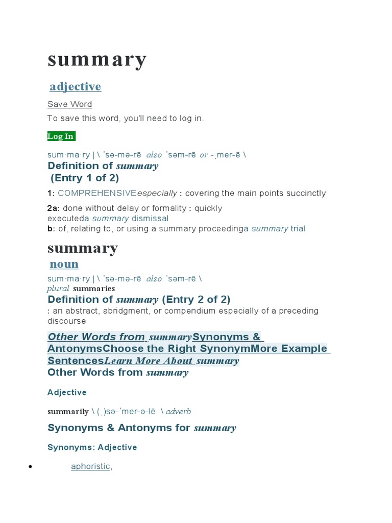 Definition and Synonyms of "Summary" | PDF | English Language | Word
