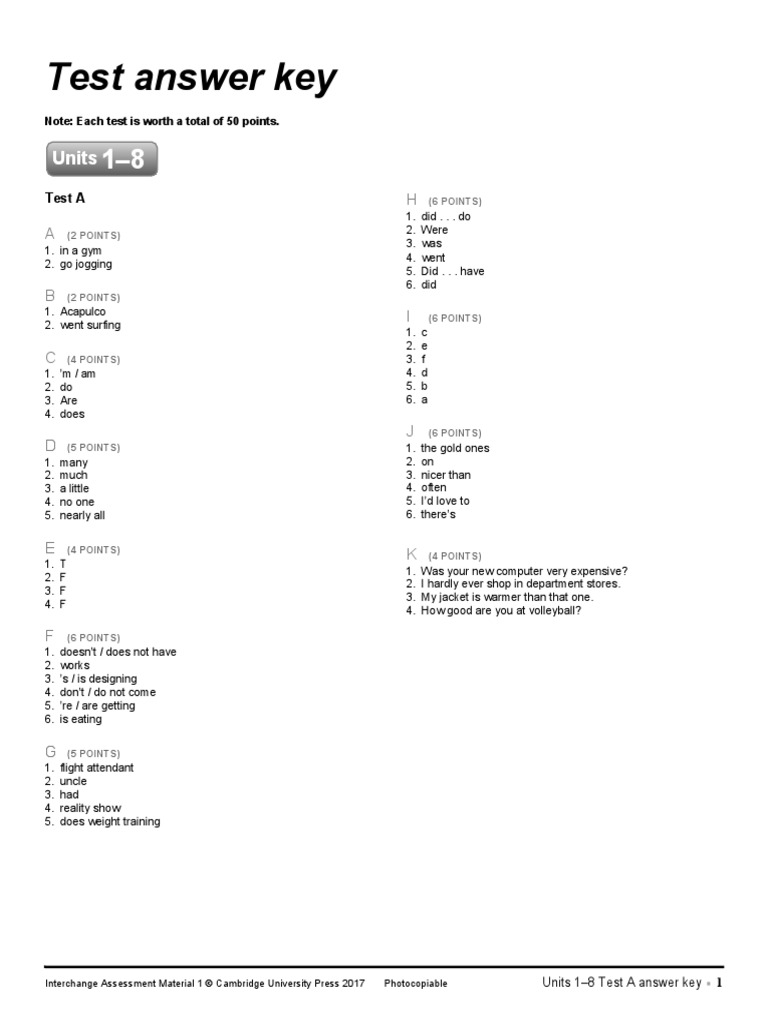 Test Answer Key: Units | PDF