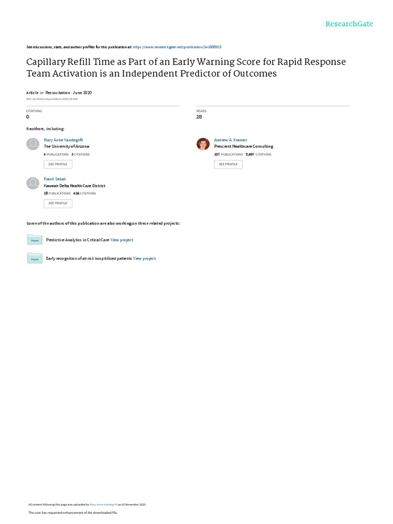 Capillary Refill Time As Part of An Early Warning Score 2020 | PDF ...