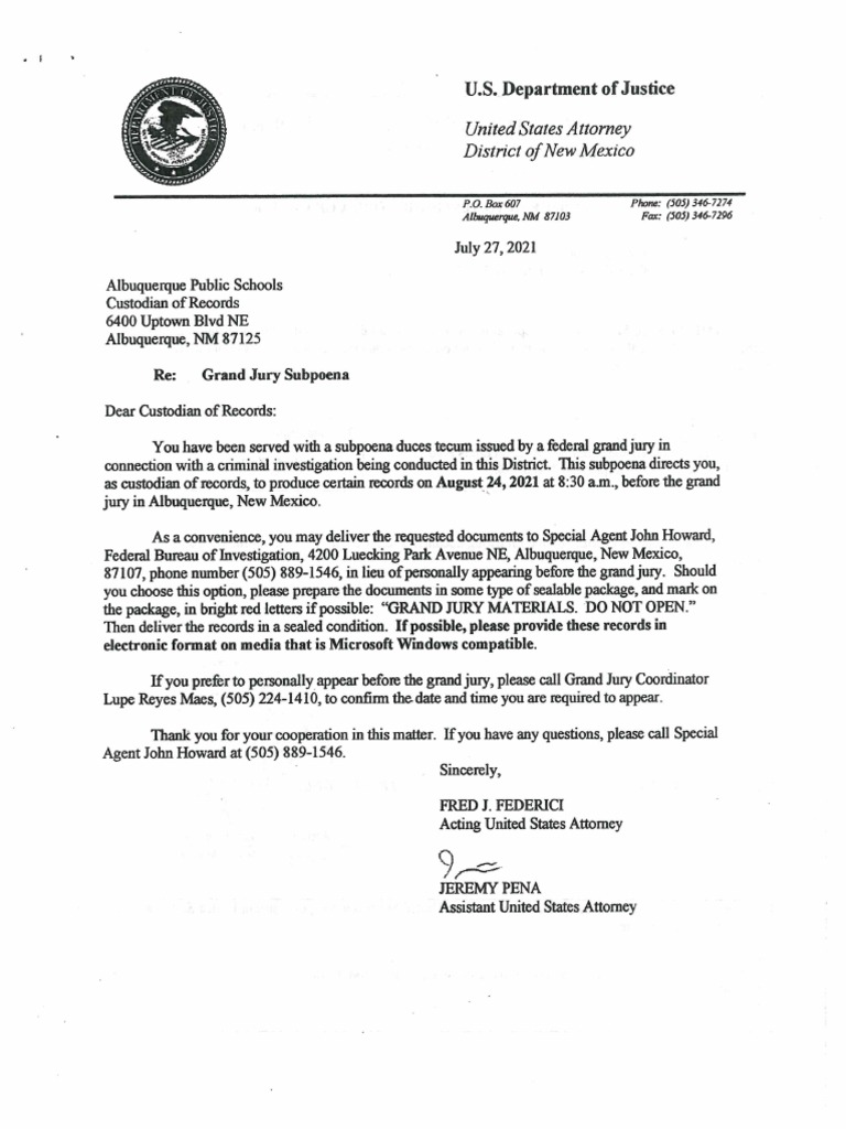 Federal Grand Jury Subpoena Served On APS | PDF Federal Grand Jury Subpoena Served On APS | PDF