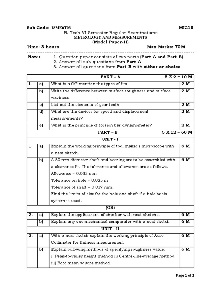 MIC18 B.tech Model Paper-2 | PDF | Engineering Tolerance | Gear