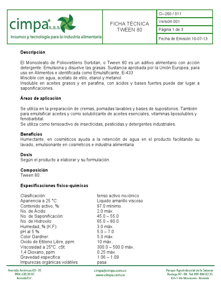 Ficha Técnica de Tween 80 | PDF | Petróleo | Detergente