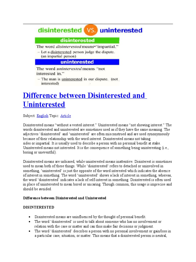 Difference Between Disinterested and Uninterested | PDF | Cognition ... Difference Between Disinterested and Uninterested | PDF | Cognition ...