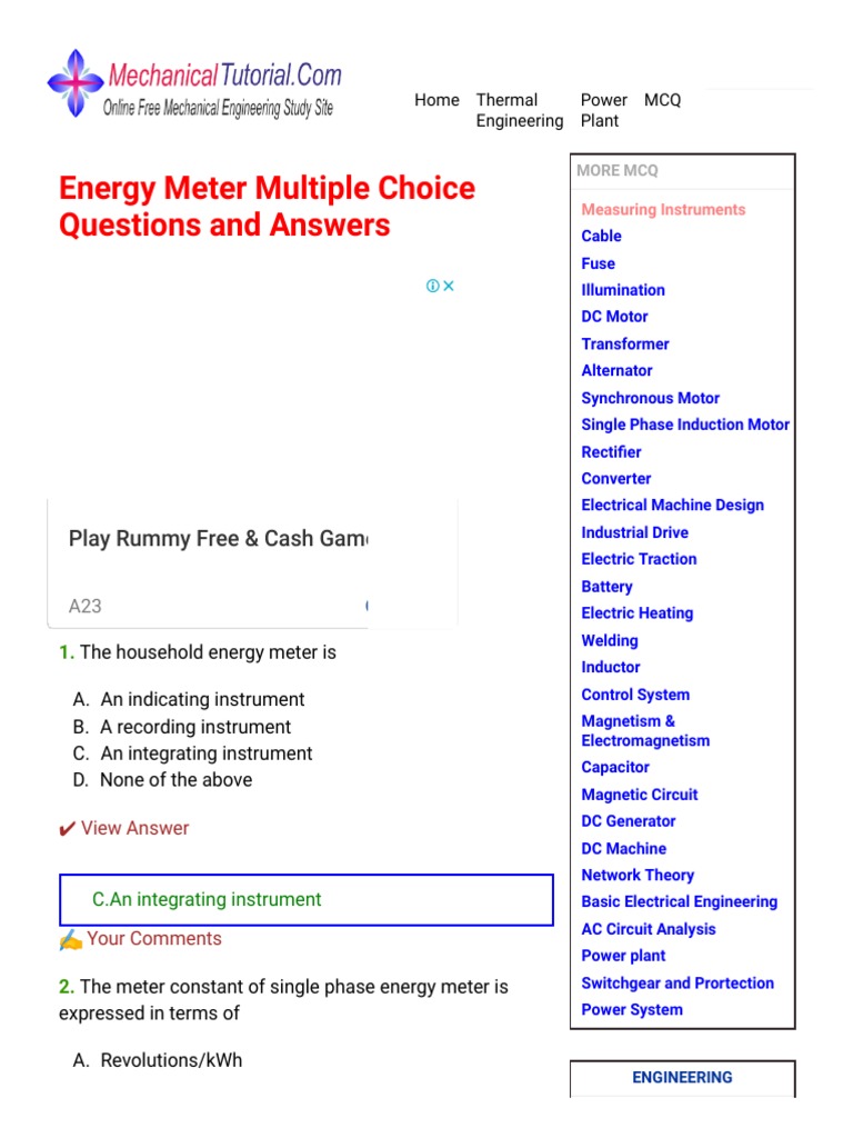 Energy Meter Multiple Choice Questions (MCQ) and Answers ...