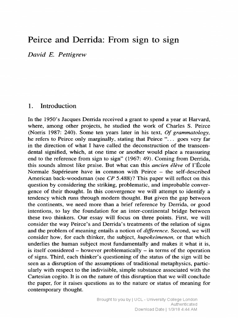 David E. Pettigrew - Peirce's Doctrine of Signs. Peirce and Derrida ...