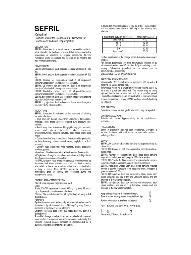 Sefril: (Cefradine) | PDF | Dose (Biochemistry) | Chemistry