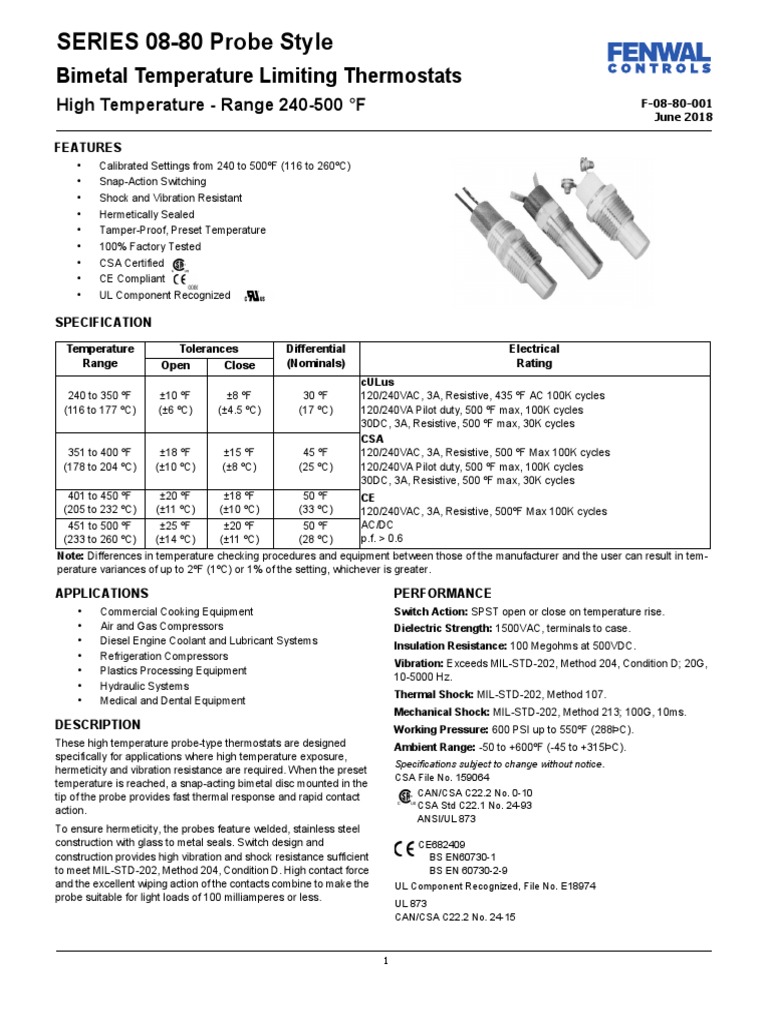 SERIES 08-80 Probe Style: Bimetal Temperature Limiting Thermostats ...