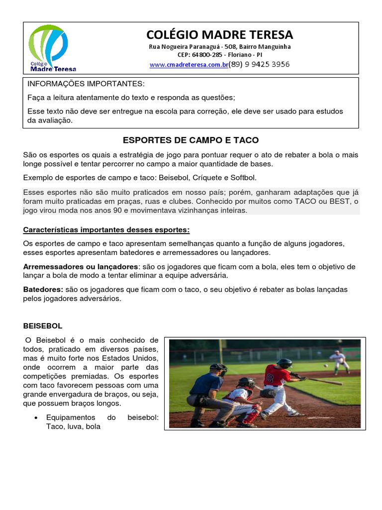 Esportes de Campo e Taco: Conceitos e Atividades | PDF | Críquete ...