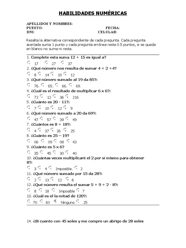 Test de Habilidades Numéricas Básicas | PDF | Métodos y materiales de ...