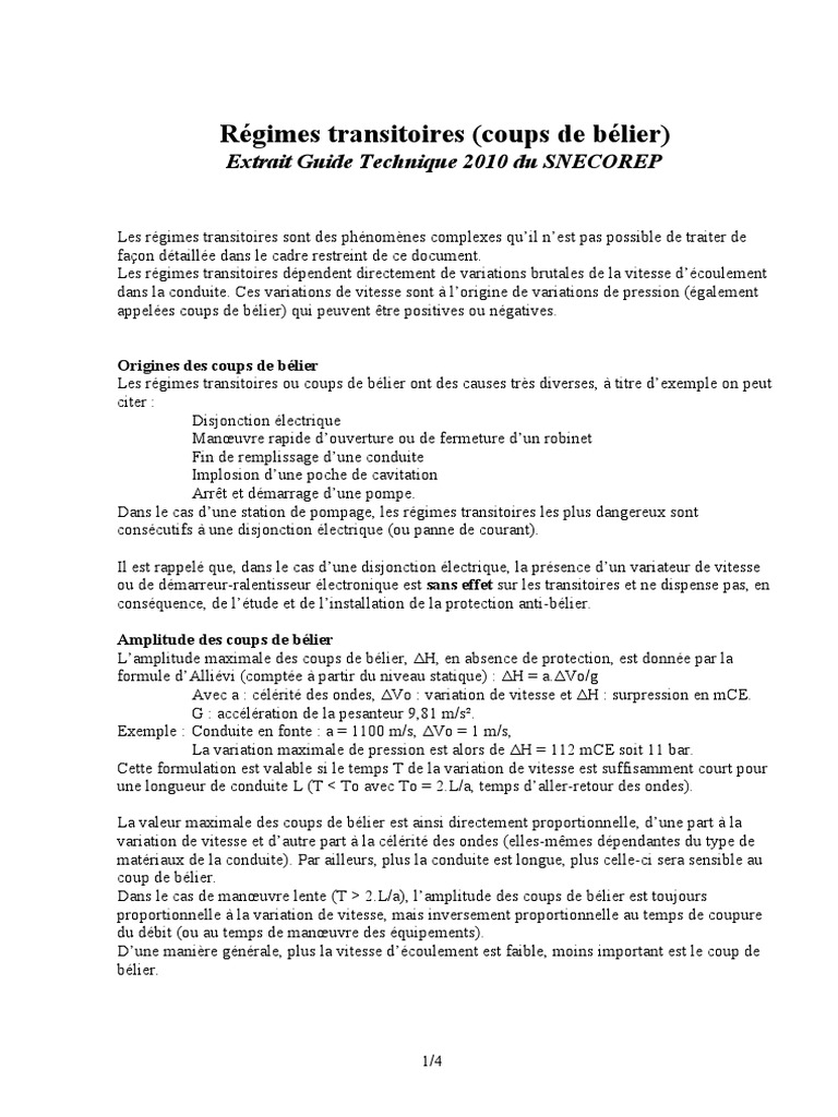 Régimes Transitoires (Coups de Bélier) : Extrait Guide Technique 2010 ...