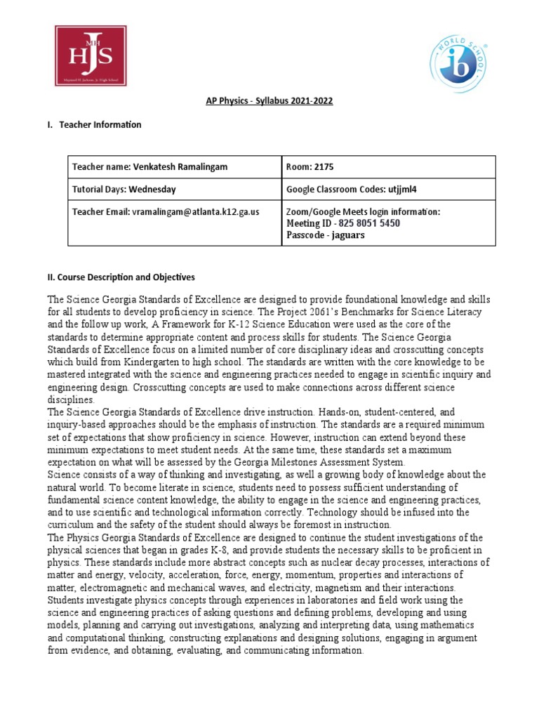 AP Physics Syllabus 2021-2022 | PDF | Academic Integrity | Physics