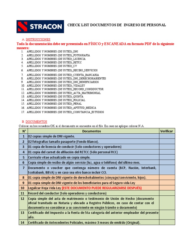 Checklist de documentos requeridos para el ingreso de personal | PDF ...