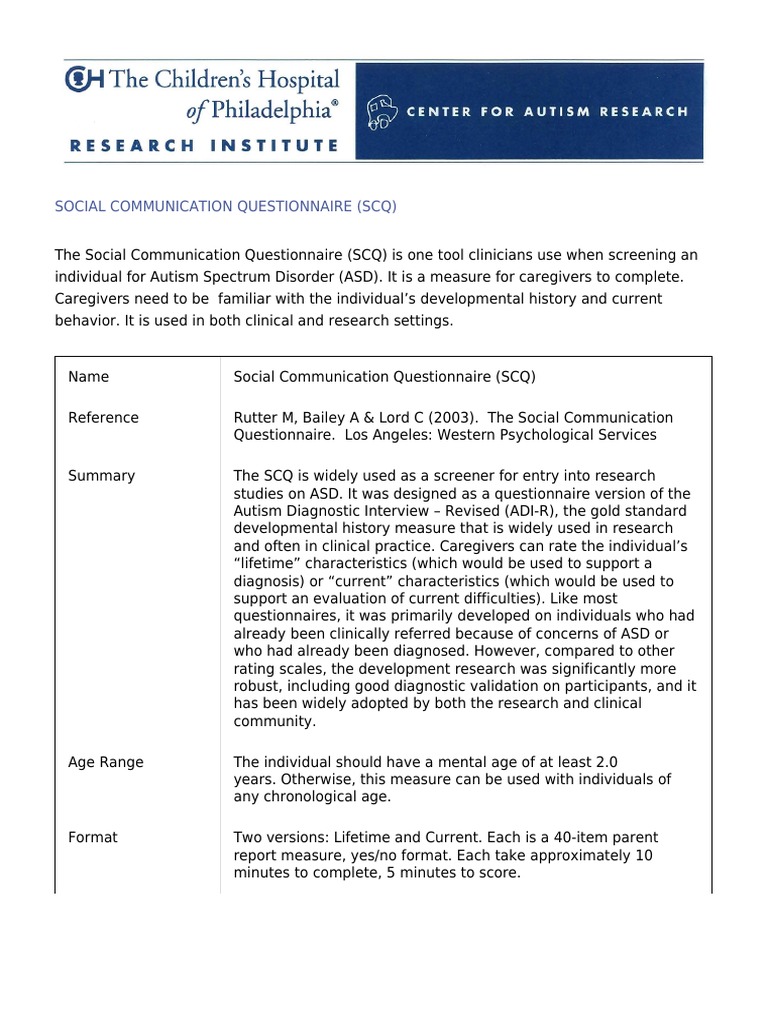 Social Communication Questionnaire (SCQ) | PDF | Autism Spectrum ... Social Communication Questionnaire (SCQ) | PDF | Autism Spectrum ...