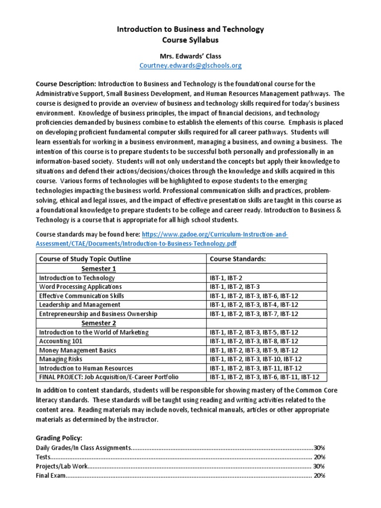 Introduction To Business and Technology Syllabus | PDF | Communication ...