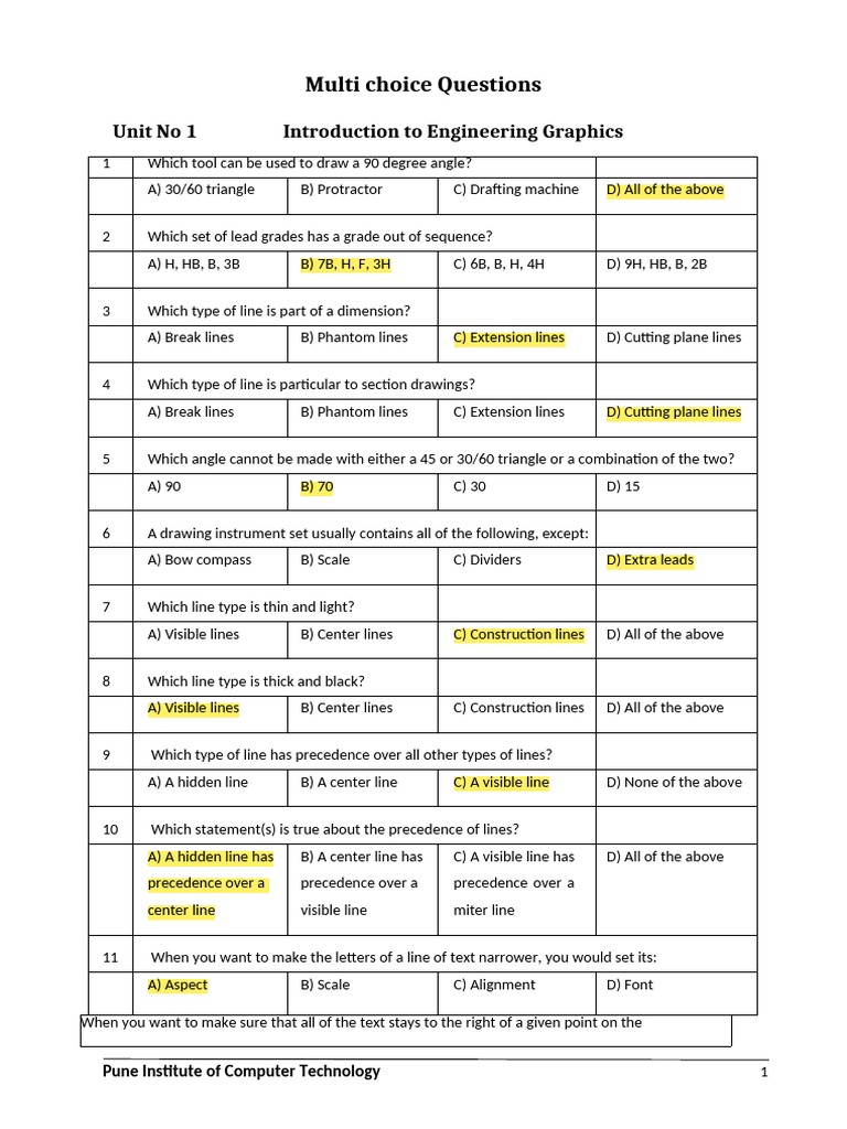 Multi Choice Questions: Unit No 1 Introduction To Engineering Graphics ...