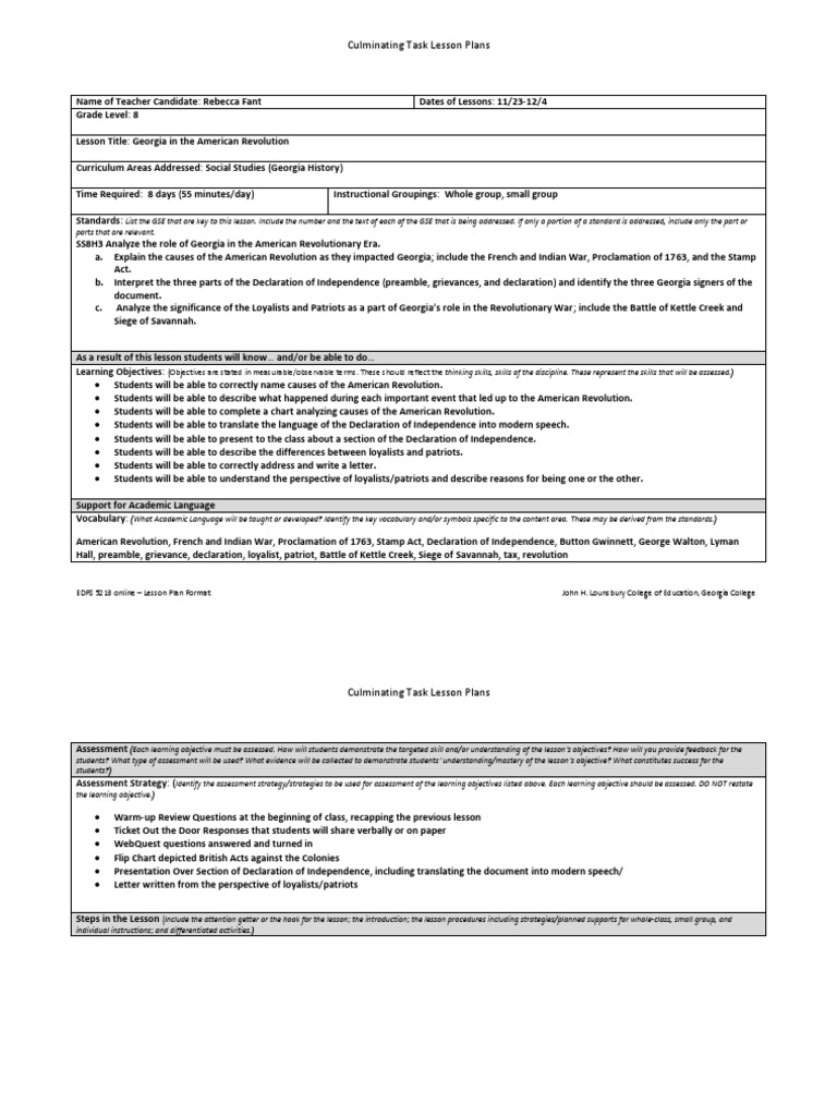 Culminating Task Lesson Plans | PDF | American Revolutionary War ...