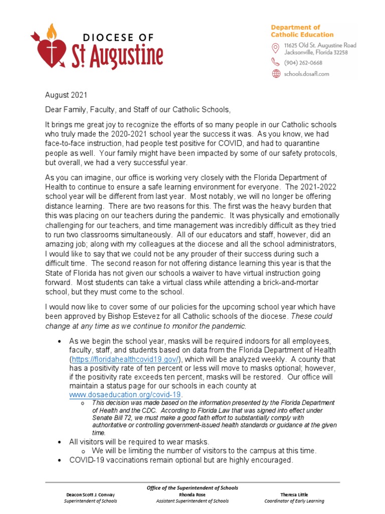Diocese of St. Augustine Superintendent Letter To Parents, 7/30/2021 ...