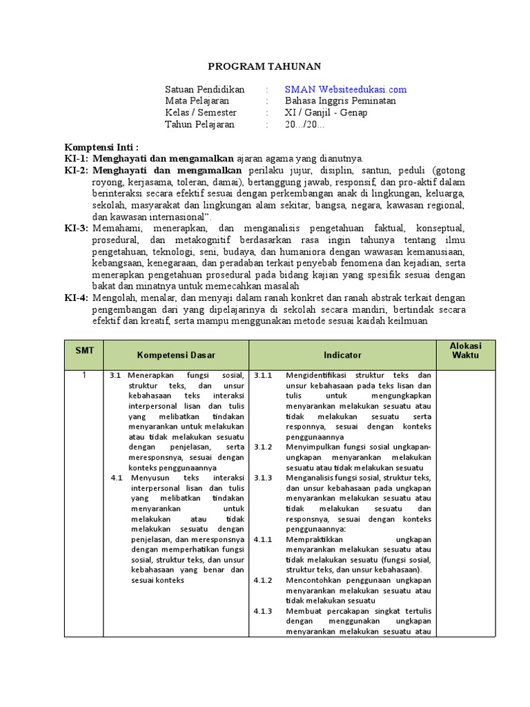 Program Tahunan Bahasa Inggris XI | PDF