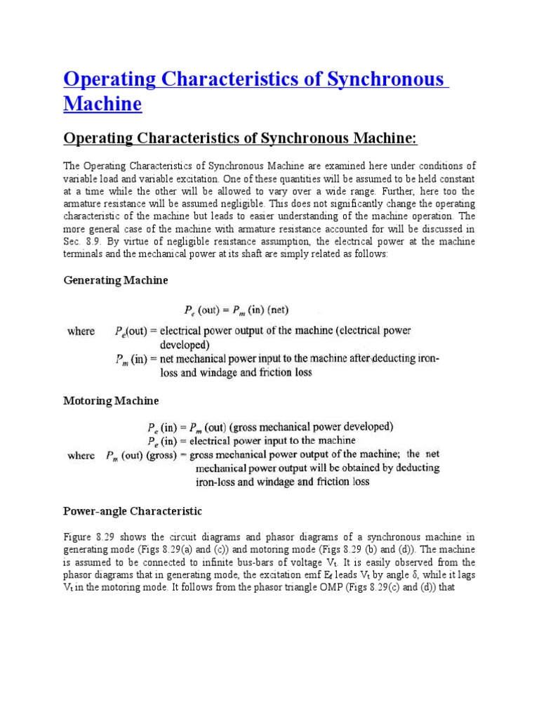 Operating Characteristics of Synchronous Machine | PDF | Electric Motor ...