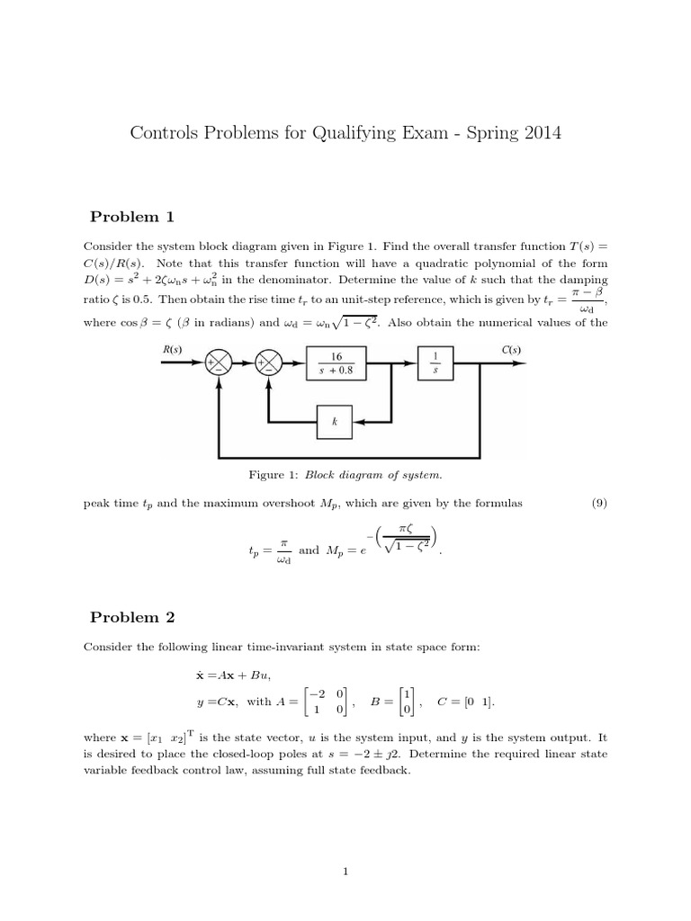 Controls Problems For Qualifying Exam - Spring 2014: Problem 1 | PDF ...