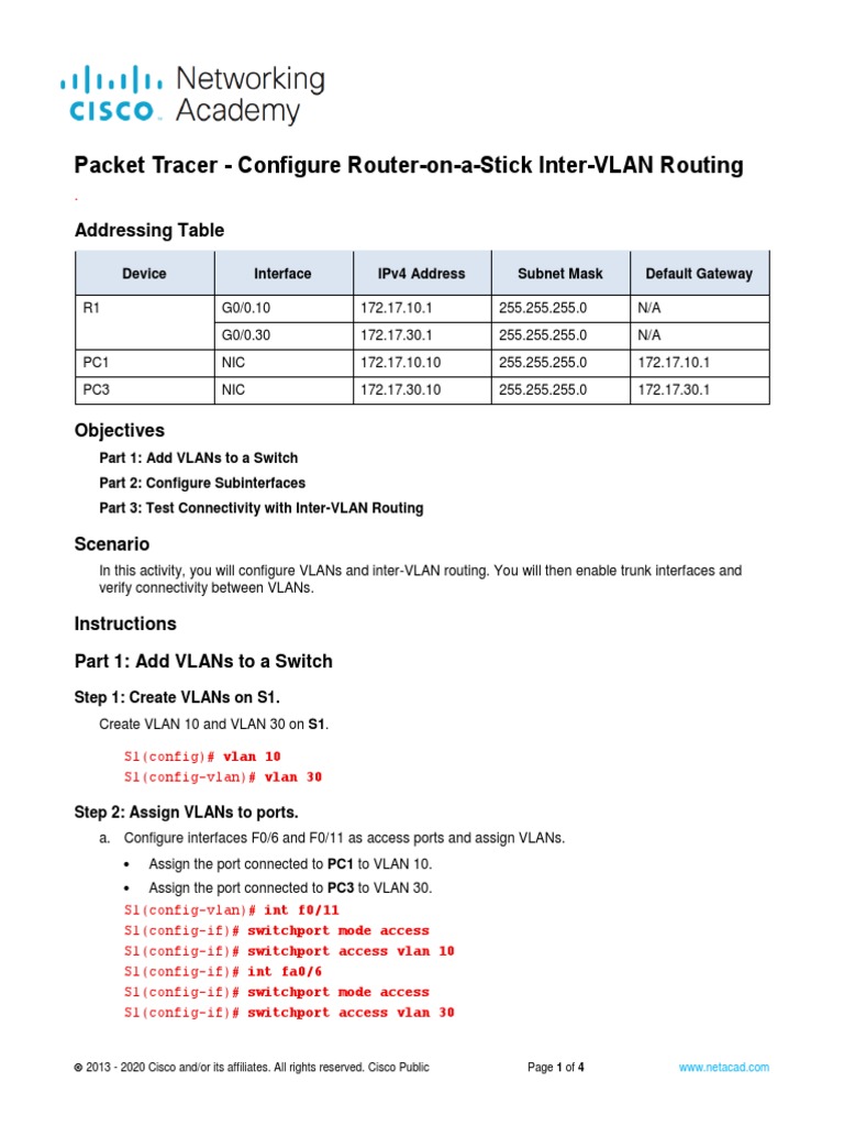 4.2.7 Packet Tracer - Configure Router-On-A-Stick Inter-VLAN Routing ...