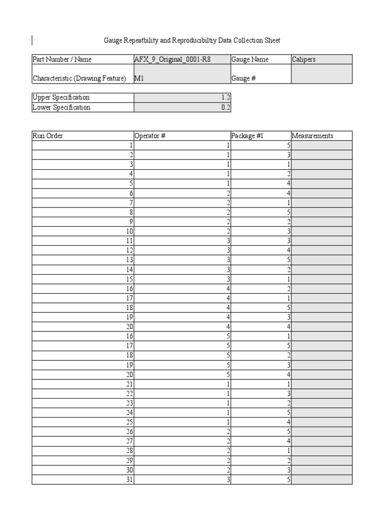 Gauge RR (MSA) Excel Sheet - 5 Operators | PDF