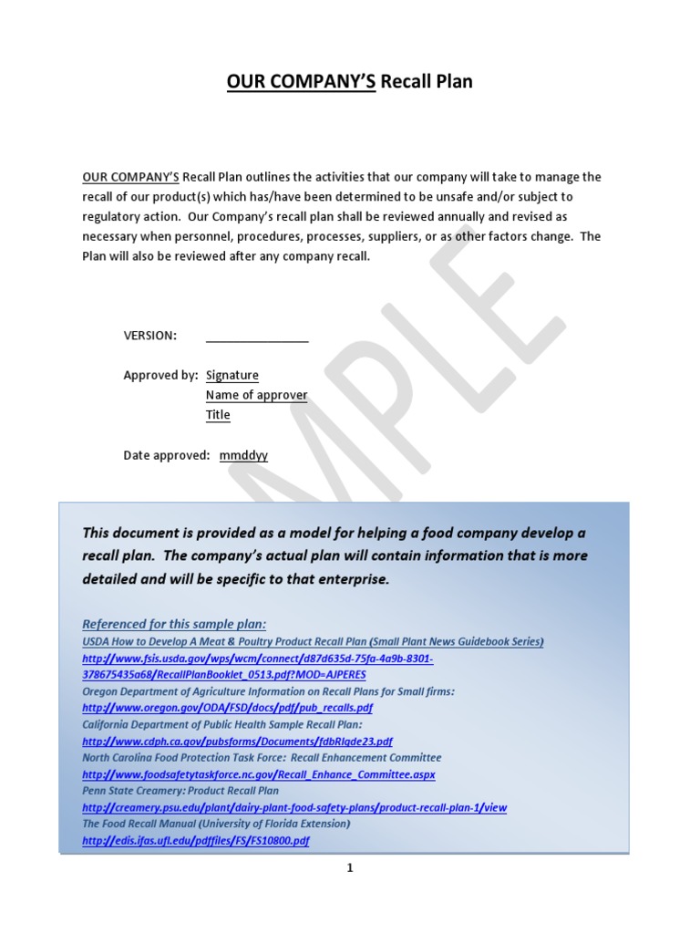 Sample Recall Plan | PDF | Business | Wellness