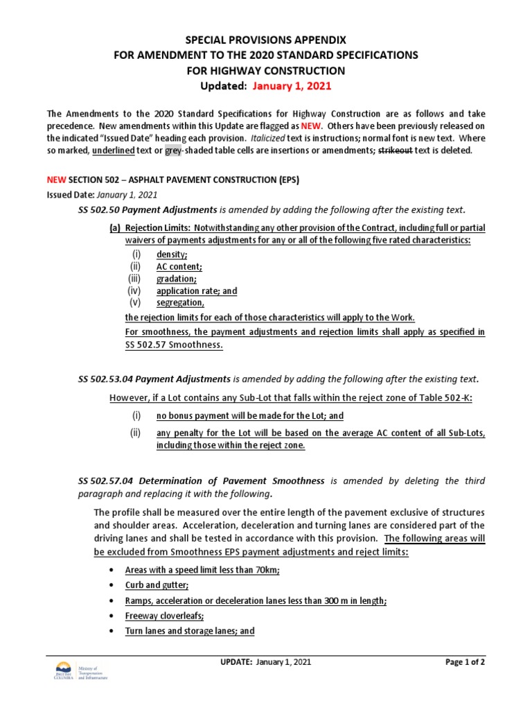 Special Provisions Appendix For Amendment To The 2020 Standard ...