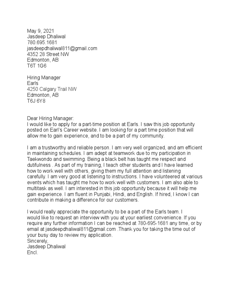 Cover Letter for Earls Application | PDF