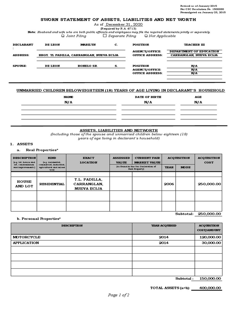 Statement of Assets Liabilities and Net Worth | PDF | Government ...