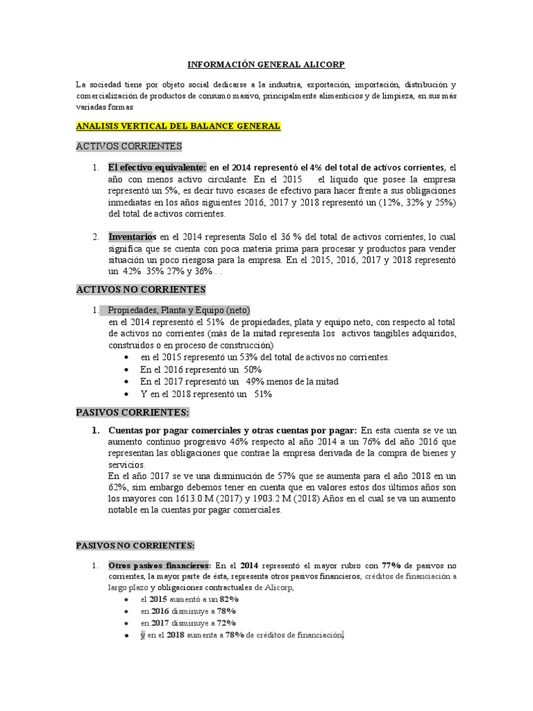 Analisis Vertical y Horizontal Alicorp-Interpretación | PDF | Compartir (Finanzas) | Economias