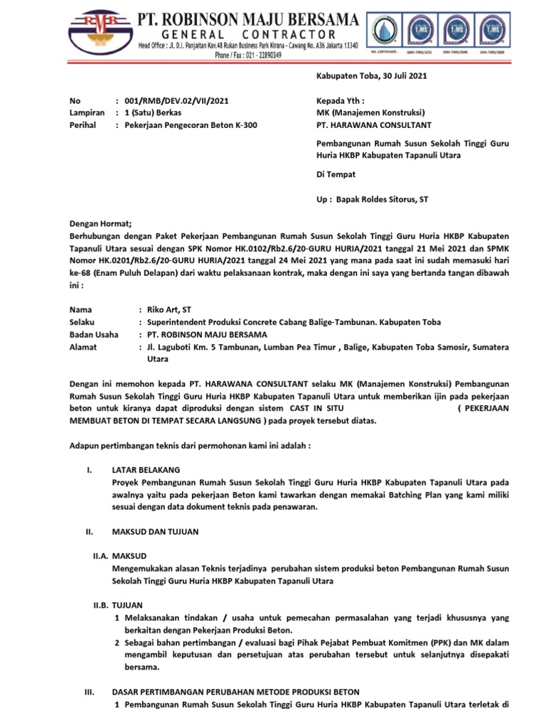 Surat Dari Batching Plant Ke MK | PDF