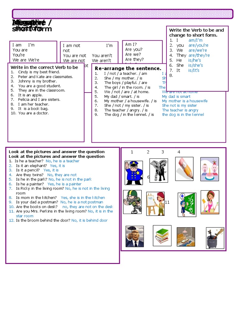 Re-Arrange The Sentence.: Write The Verb To Be and Change To Short Form ...