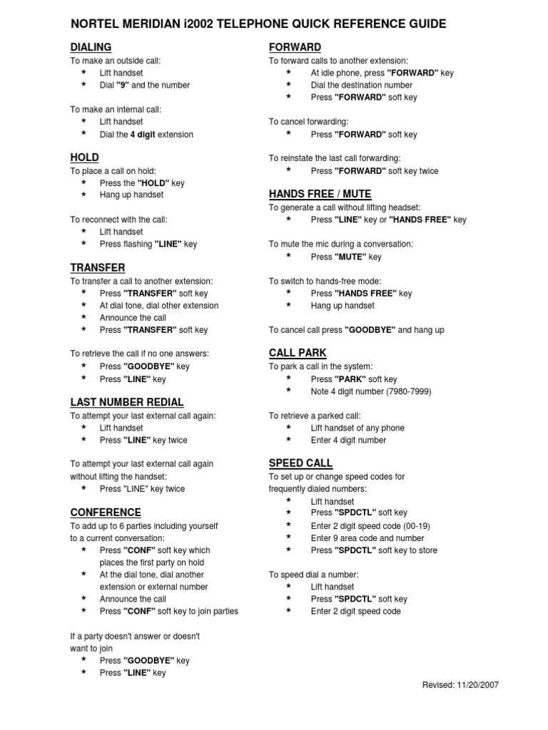 Nortel Meridian I2002 Telephone Quick Reference Guide: Dialing Forward ...