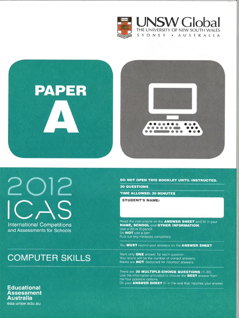 ICAS Computer Skills 2012 Paper A | PDF