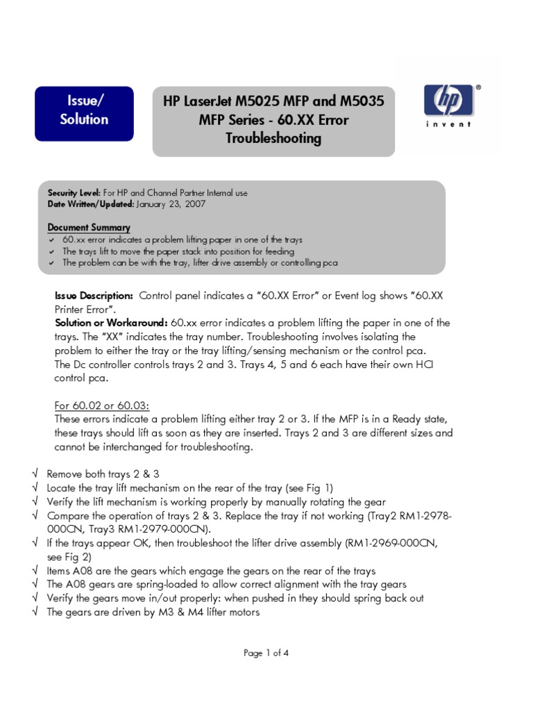 Troubleshooting HP M5025/M5035 60.XX Errors | PDF | Equipment ...