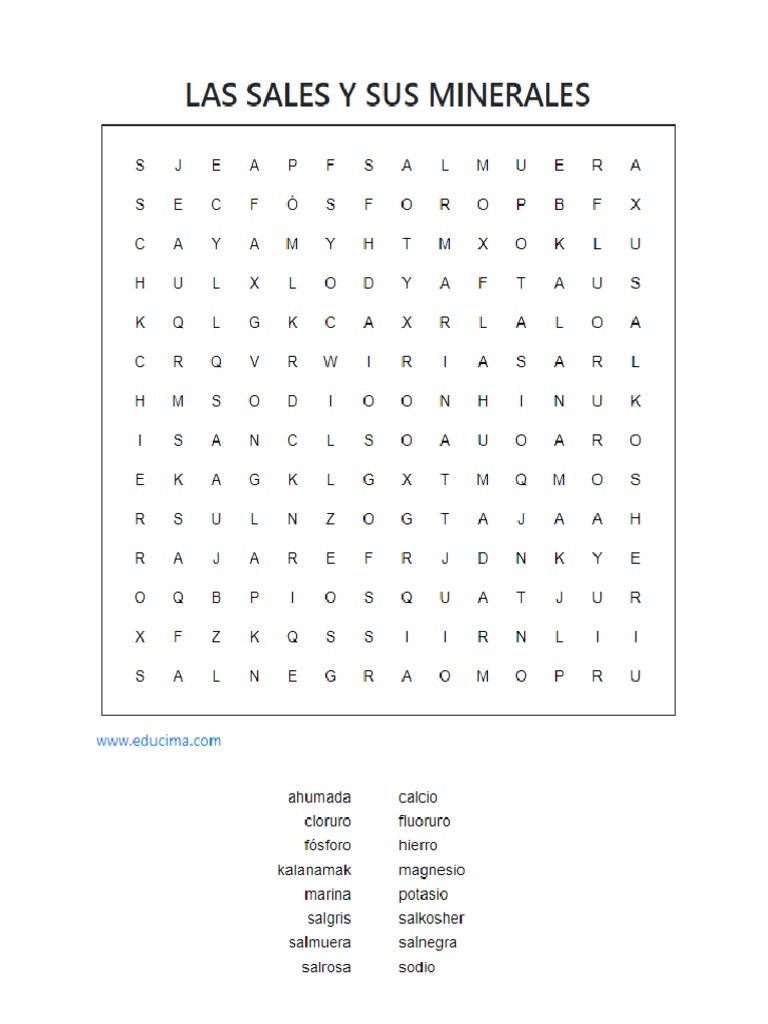 Las Sales y Sus Minerales Sopa de Letras | PDF