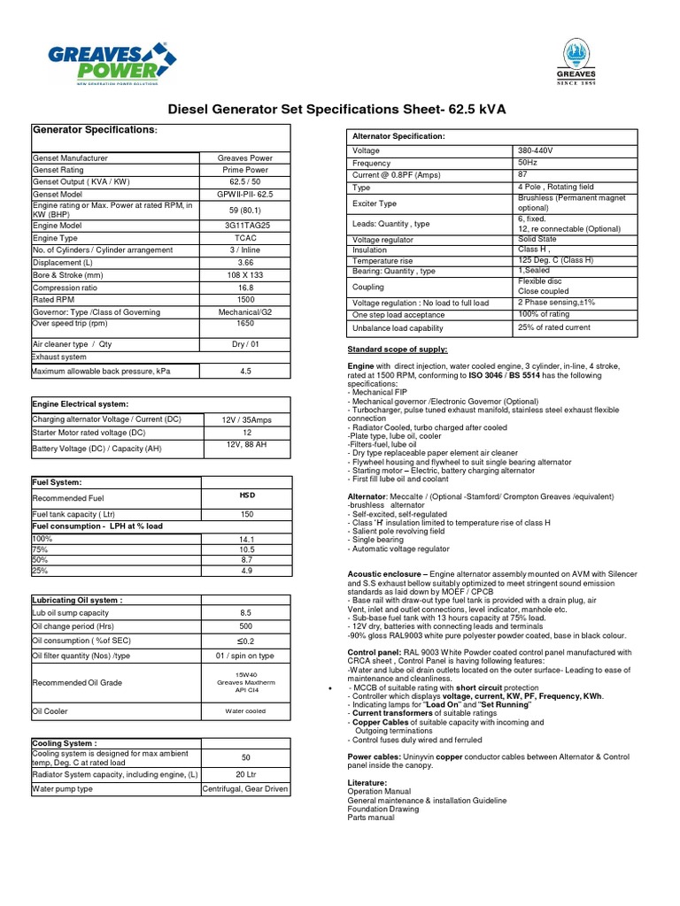 Diesel Generator Set Specifications Sheet-62.5 kVA | PDF | Diesel ...