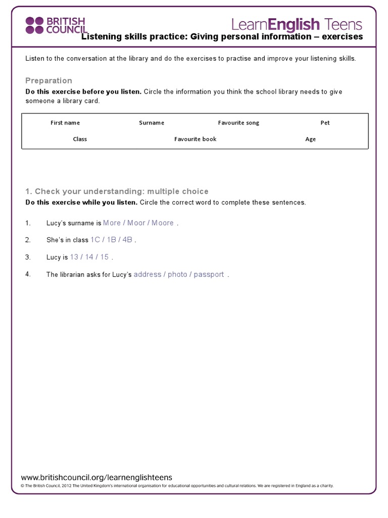 Listening Skills Practice: Giving Personal Information - Exercises ...