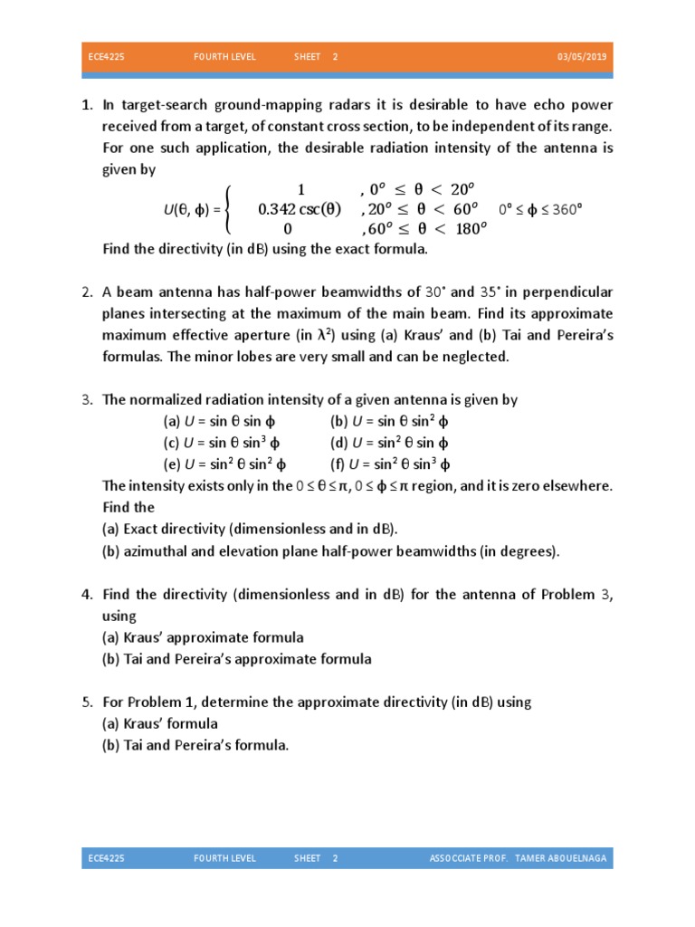 Ece4225 Fourth Level Sheet 2 03/05/2019 | PDF | Electrodynamics | Electromagnetic Radiation