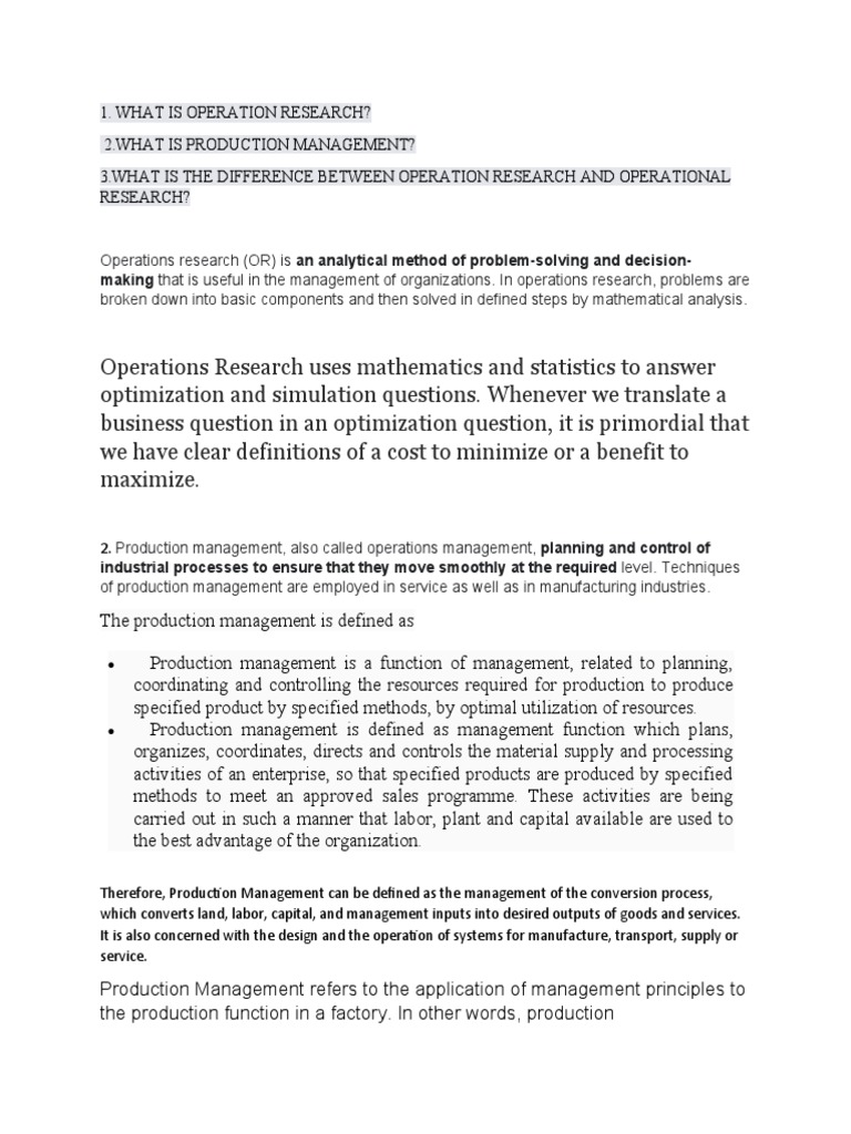 What Is Operation Research? 2.what Is Production Management? 3.what Is ...