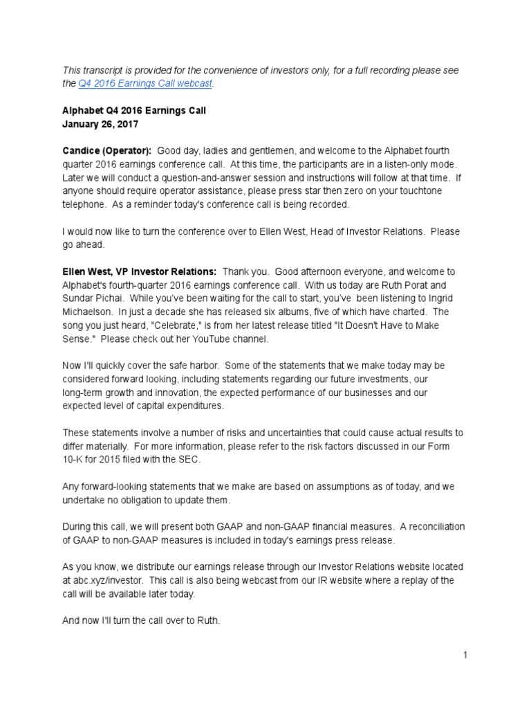 Alphabet Q4 2016 Earnings Call Transcript | PDF | Google Play | Retail