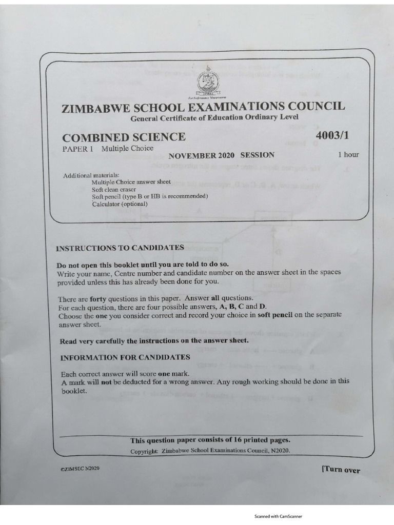 Zimsec Nov 2020 Combined Science Paper 1 | PDF