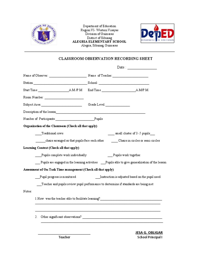 Classroom Observation Sheet | PDF | Classroom | Pedagogy