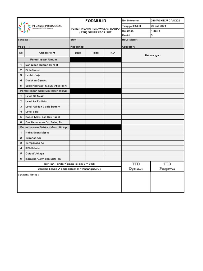 036 F SHE JPC VII 2021-00. Formulir P2H Generator | PDF