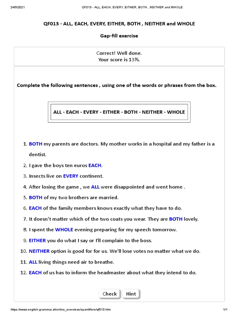 Quantifier Gap-Fill Exercise: Understanding the Usage of All, Each ...