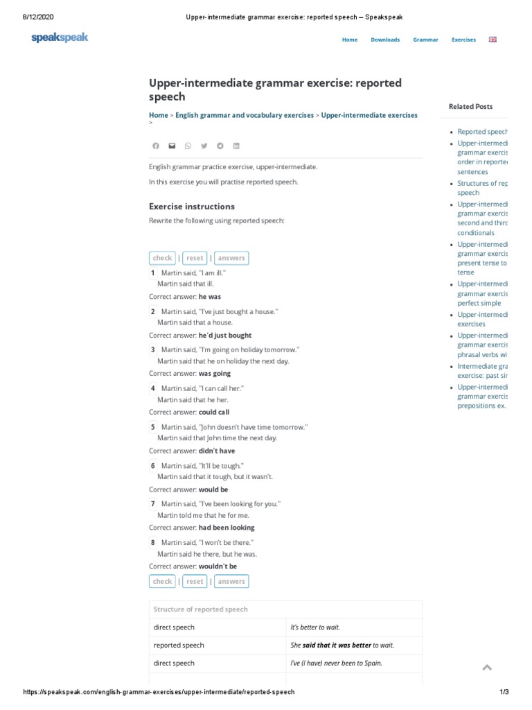 Upper-Intermediate Grammar Exercise - Reported Speech - Speakspeak ...