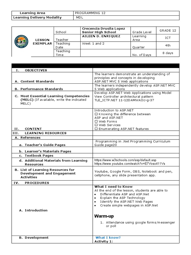 Lesson Exemplar Programming 12 Quarter 4 Week 1 and 2 | Download Free PDF | Active Server Pages ...